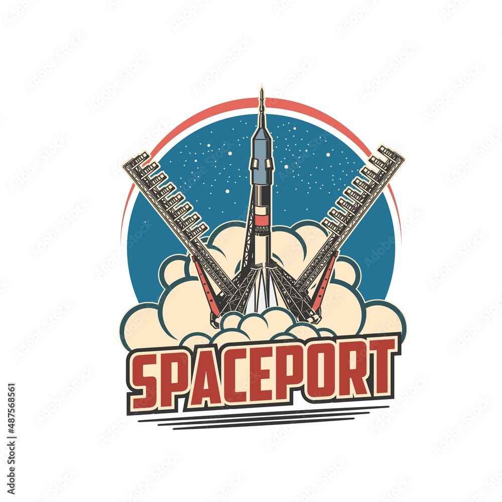 Spaceport icon, space shuttle on start, vector emblem with rocket ...