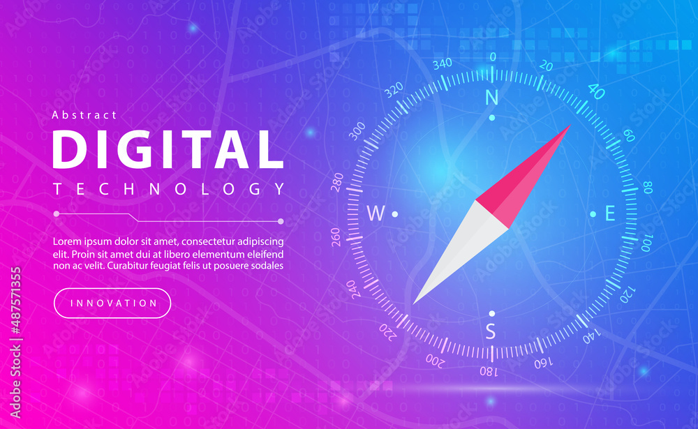Digital technology and Compass map gps banner pink blue background ...