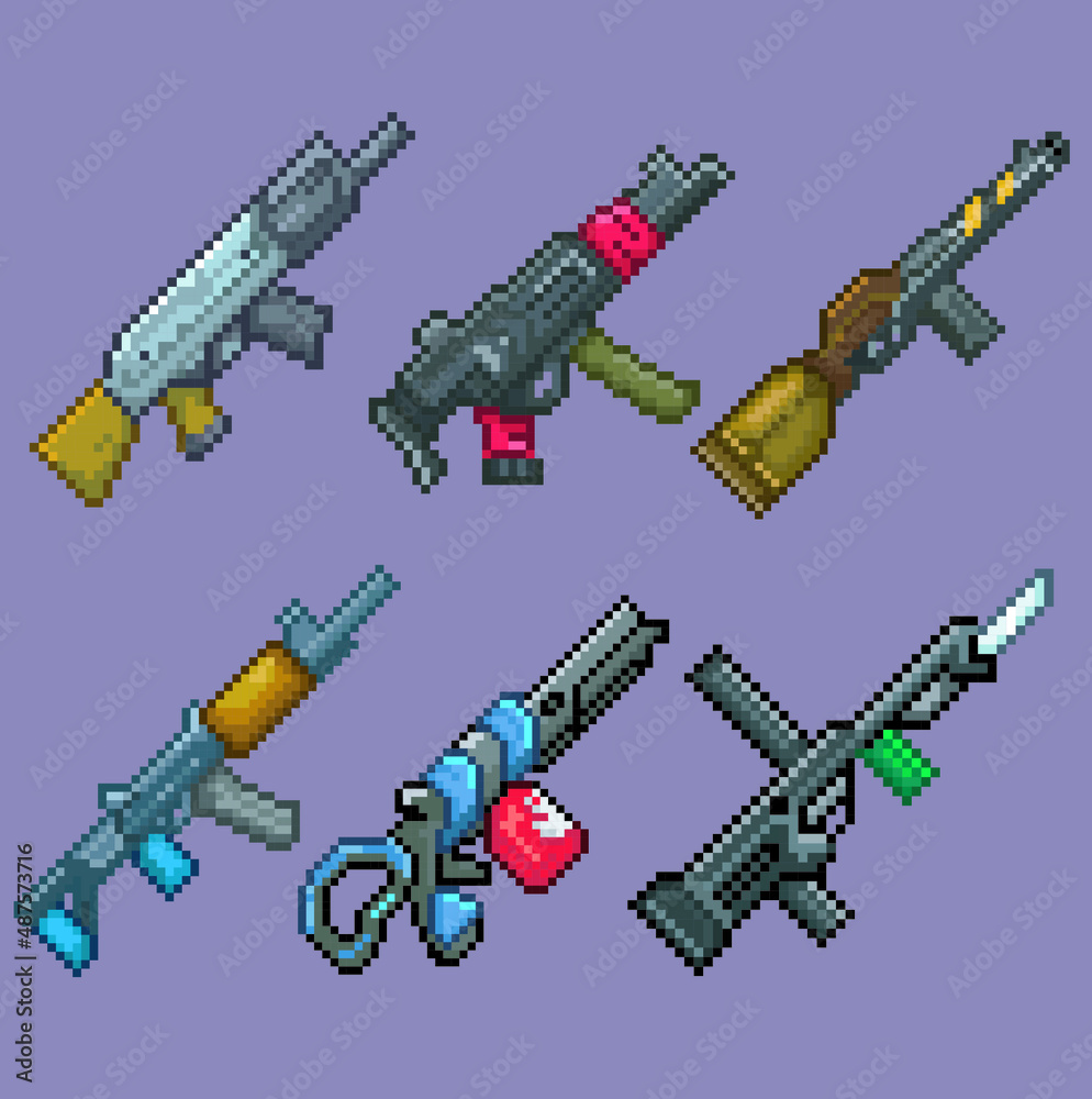 Pack with custom weapons, pixel art, weapons vector editable. Weapons package in pixel art ...