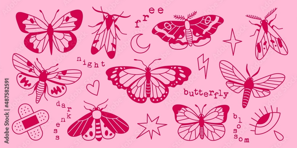 Butterfly and moth vector illustration pink background Stock Vector ...