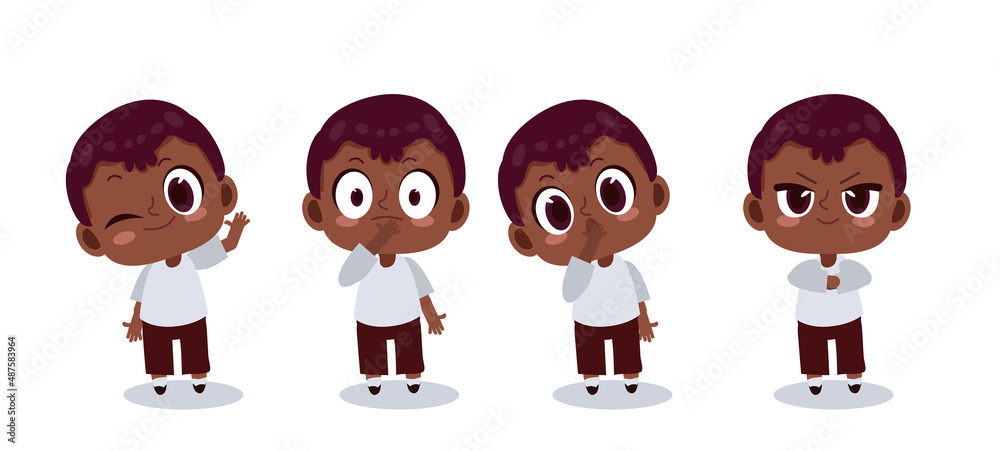 Kawaii cute african american boy character in various emotion. cartoon ...