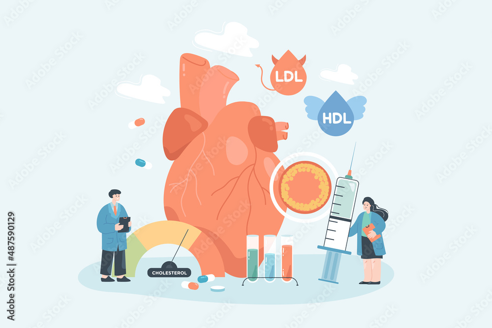 Tiny cartoon people and human heart with high cholesterol. Risk of ...