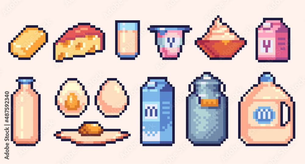 Vetor de Dairy products pixel art icon set. Animal produce logo ...