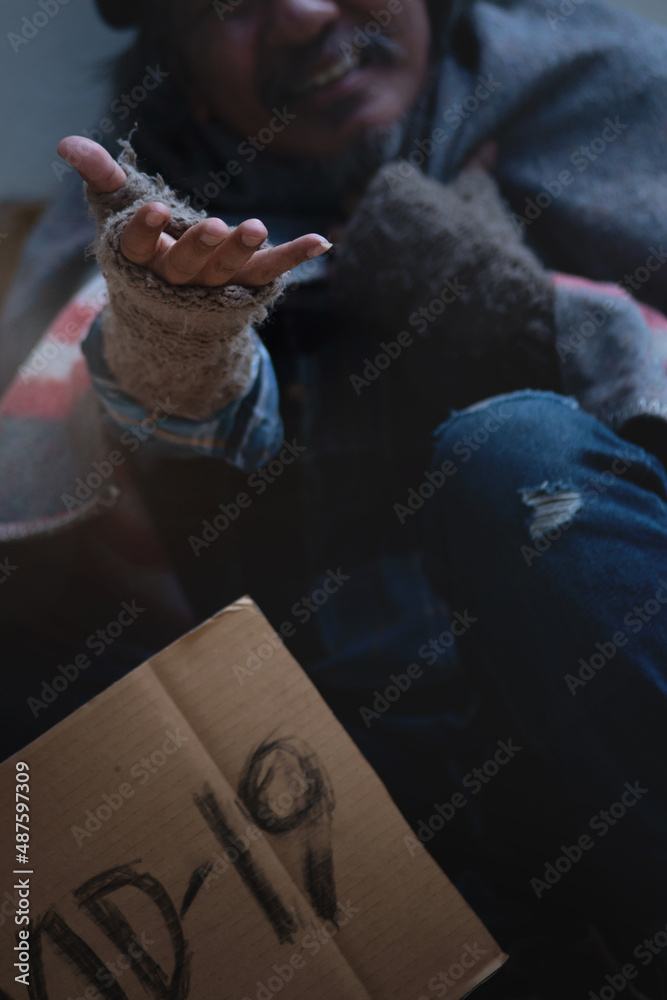 Homeless man or beggars with sad face asked to donate food or money ...