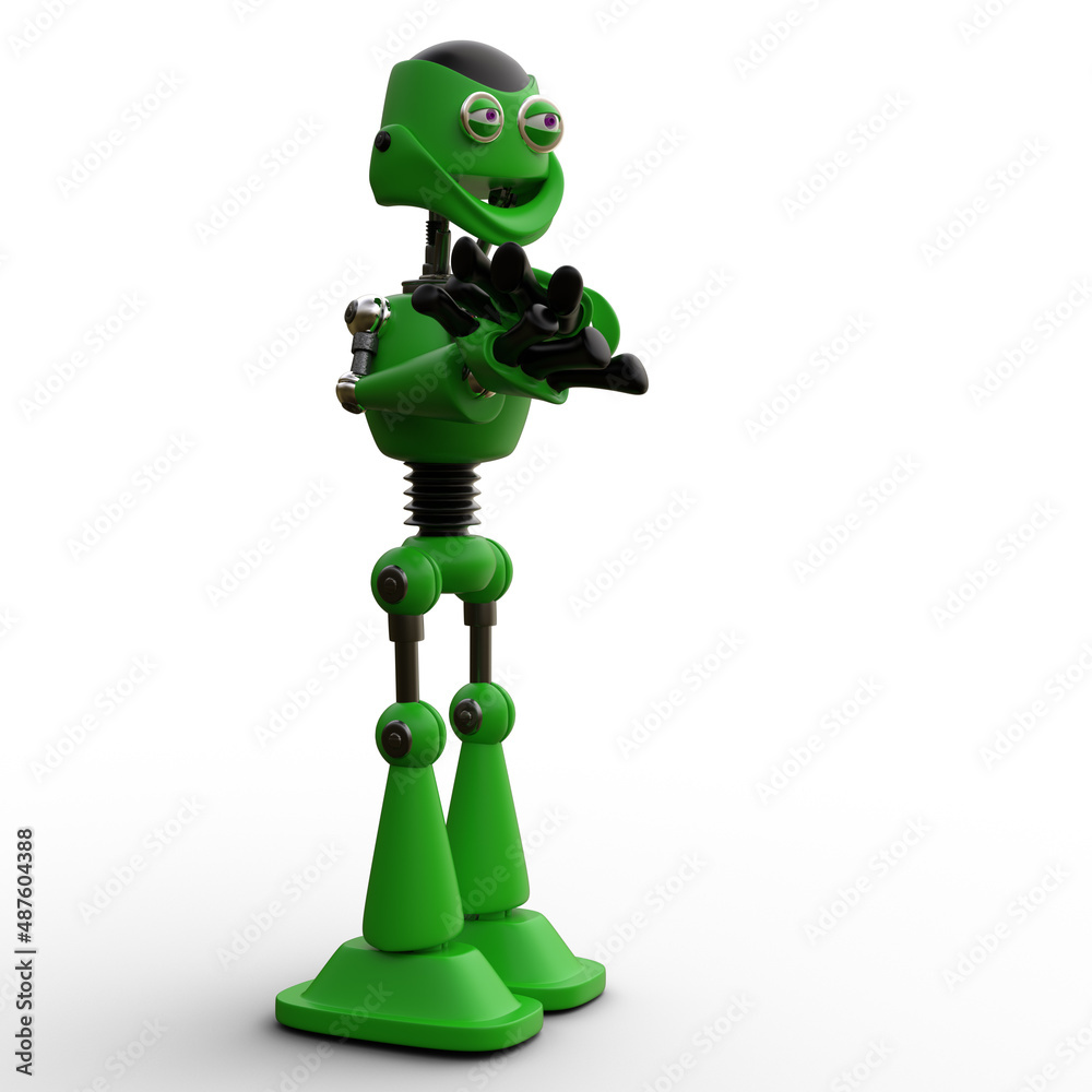 3D-illustration of a cute and funny cartoon robot calling with hands ...