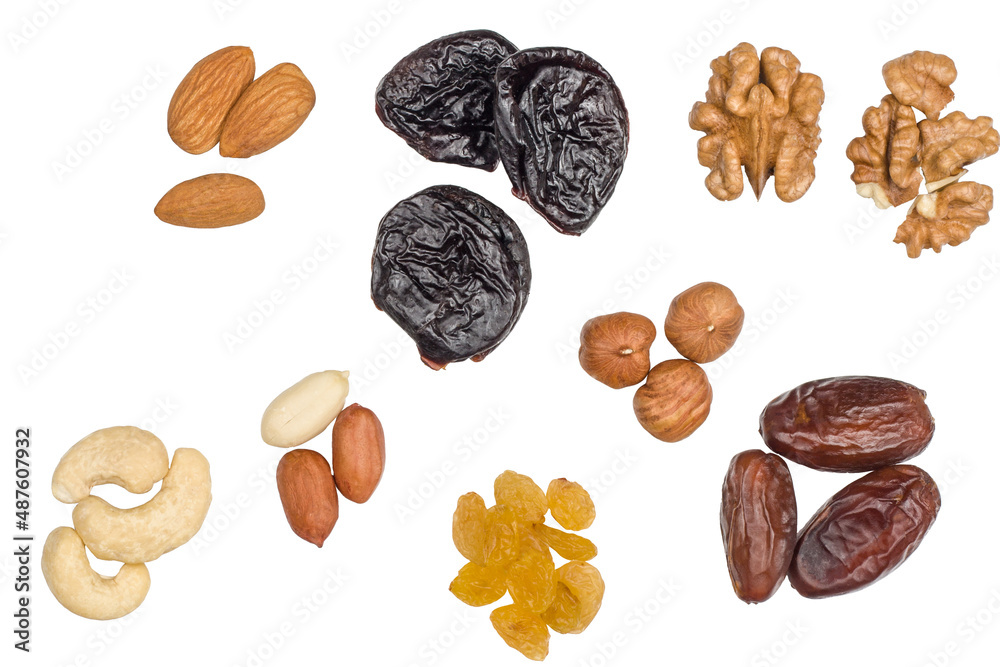 Dry fruits and grains of nuts isolated on white, top view Stock Photo ...