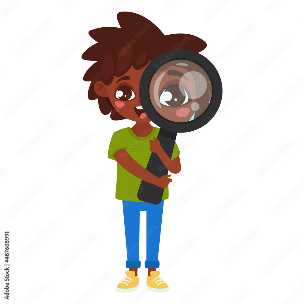 cartoon illustration of kid holding magnifying glass Stock Vector ...