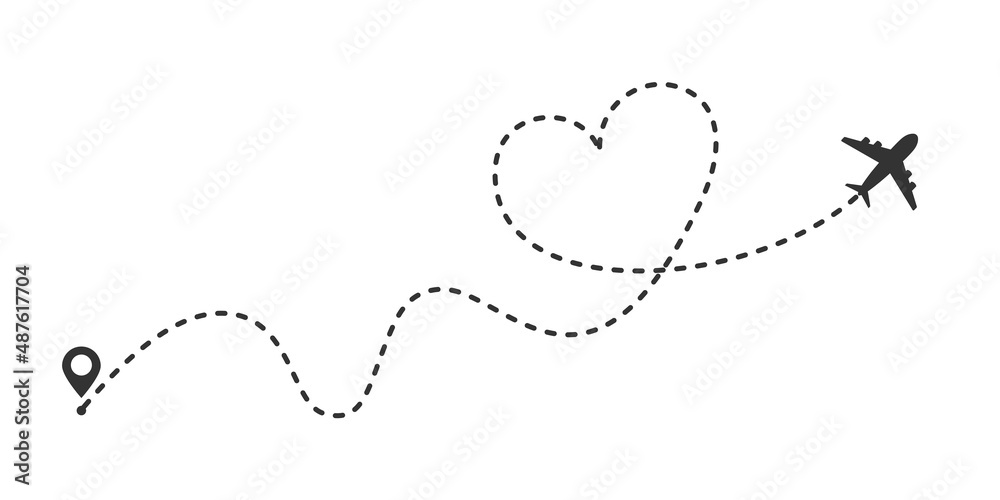 Airplane route dashed line path with heart. Love travel concept Stock ...