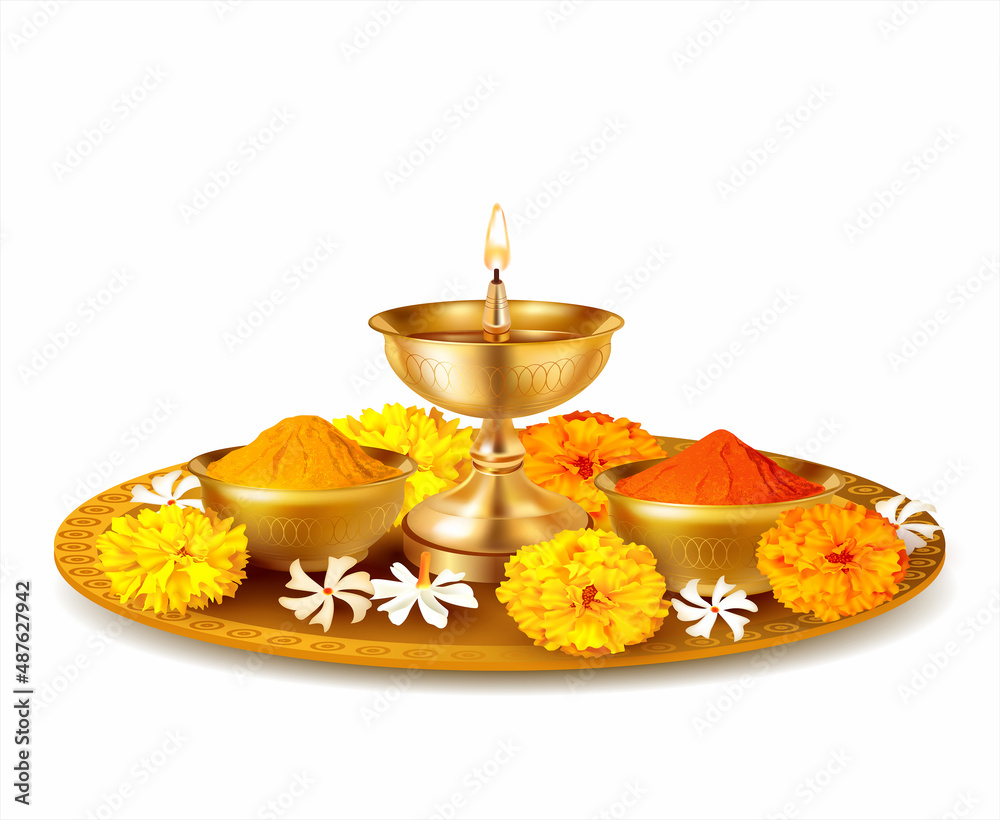 Traditional puja thali - plate for ritual ceremony with kumkum, haldi ...