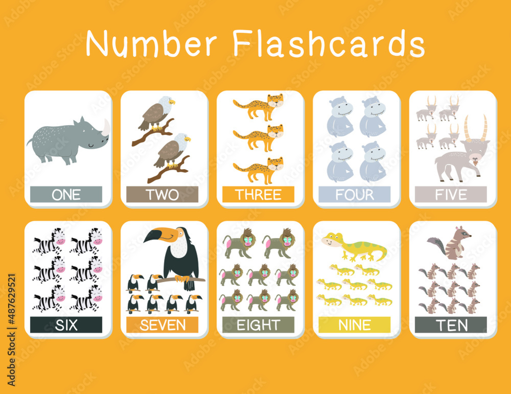 Vetor de Cute number flashcards with animals set. English counting 1 to ...