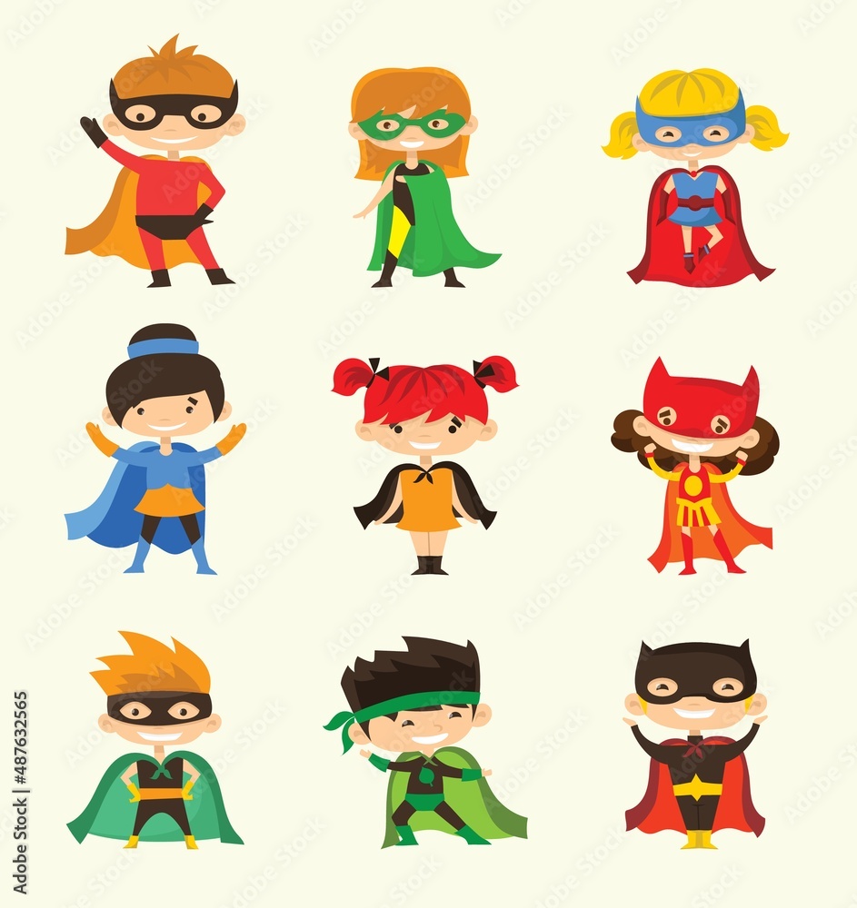 Vector illustrations of boy and girl children superheroes in funny ...