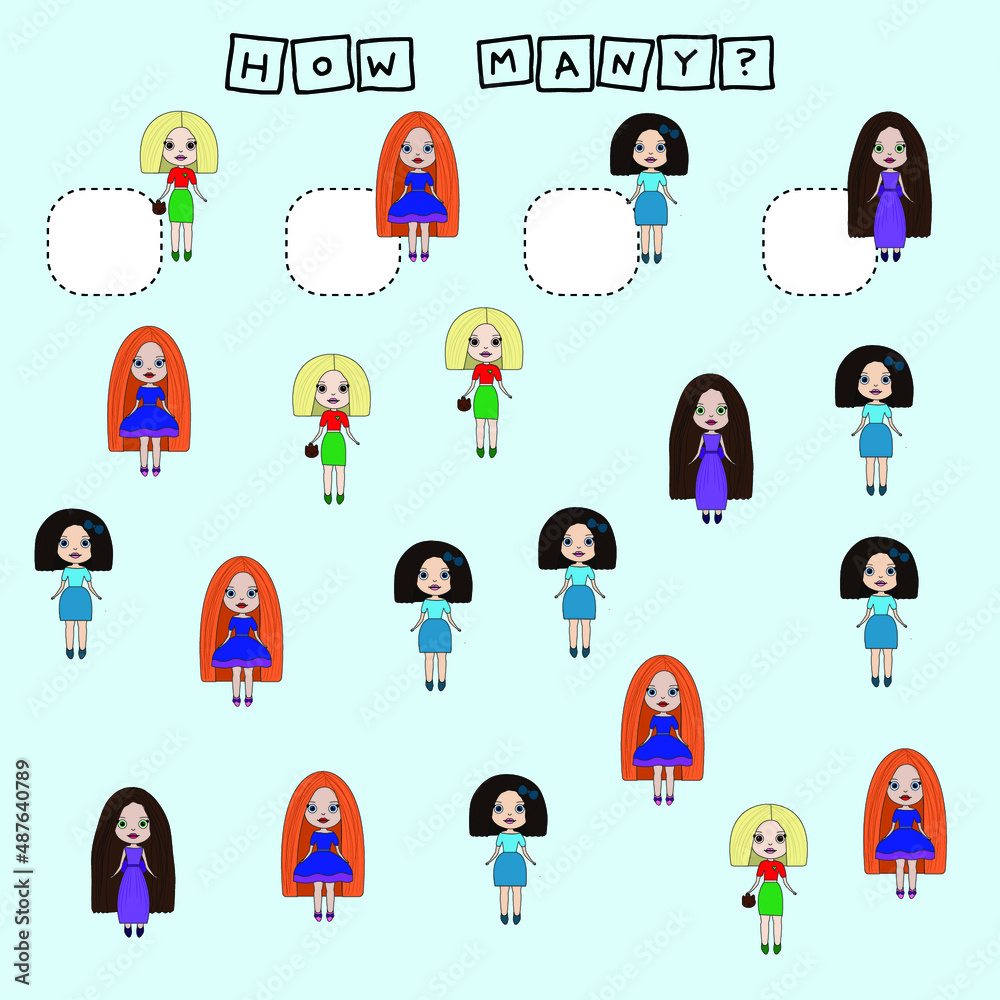 How many counting game with colorful dolls. Preschool worksheet, kids ...