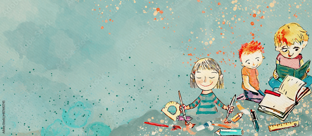 Watercolor school children. Education concept. Stock Illustration ...