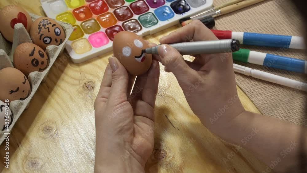 Easter decoration painted eggs with the image of a face. Drawing a face ...