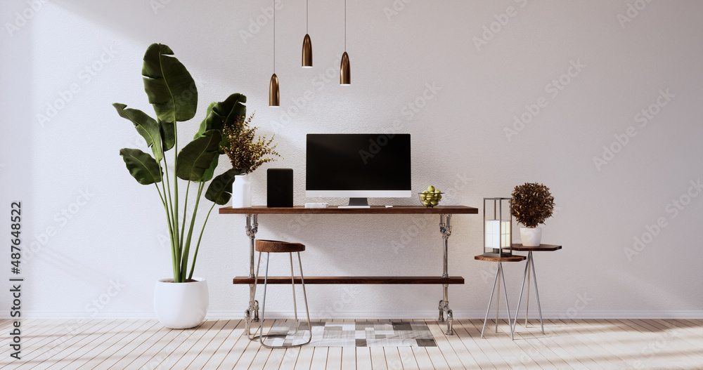 Mock up office table desk. blank computer screen in office modern room ...