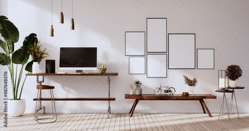 Mock up office table desk. blank computer screen in office modern room ...