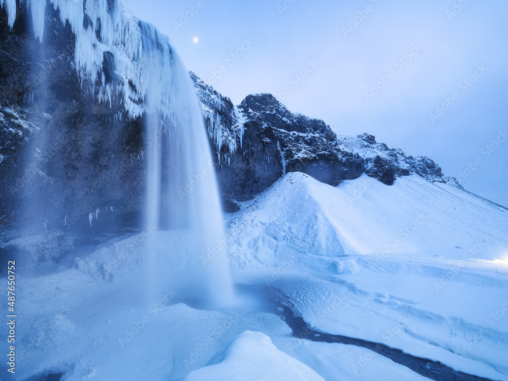 Seljalandsfoss waterfall, Iceland. Icelandic winter landscape. High ...