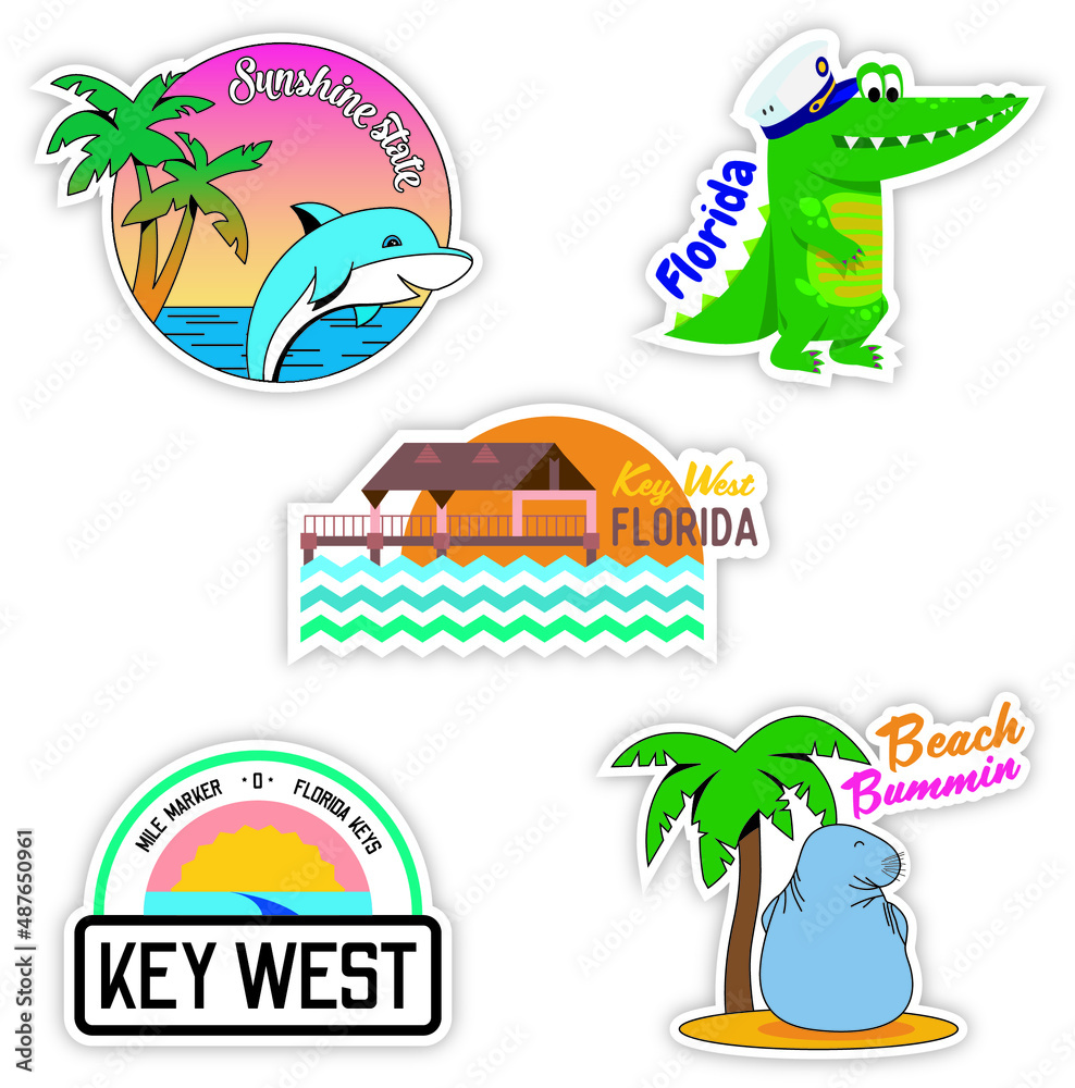 Florida playful colorful illustrations stickers. Florida theme. Key ...