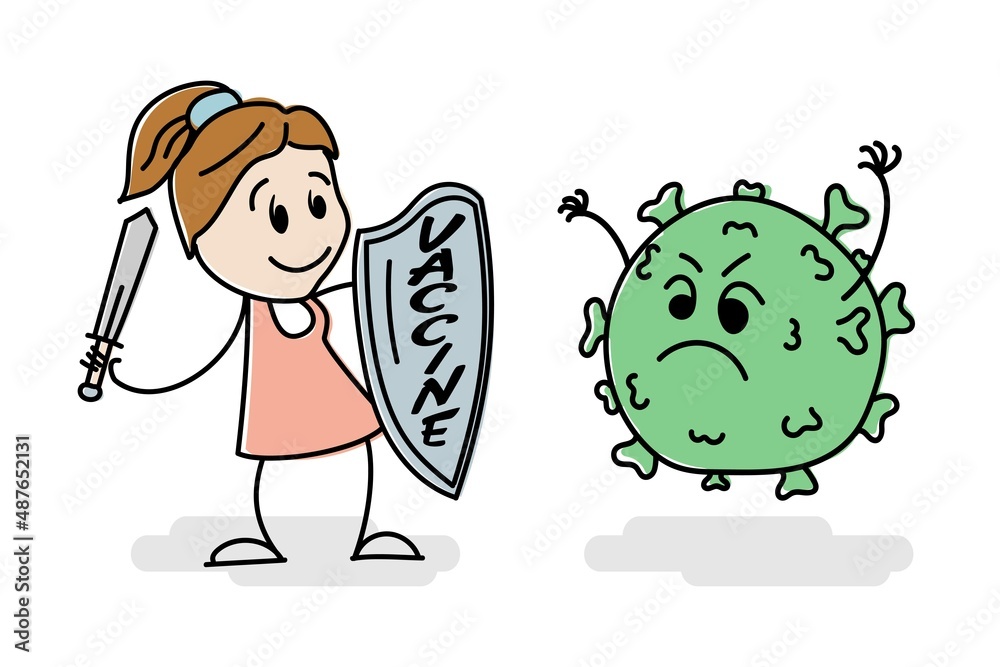 Stickman with sword fighting against monster or giant covid-19 virus ...