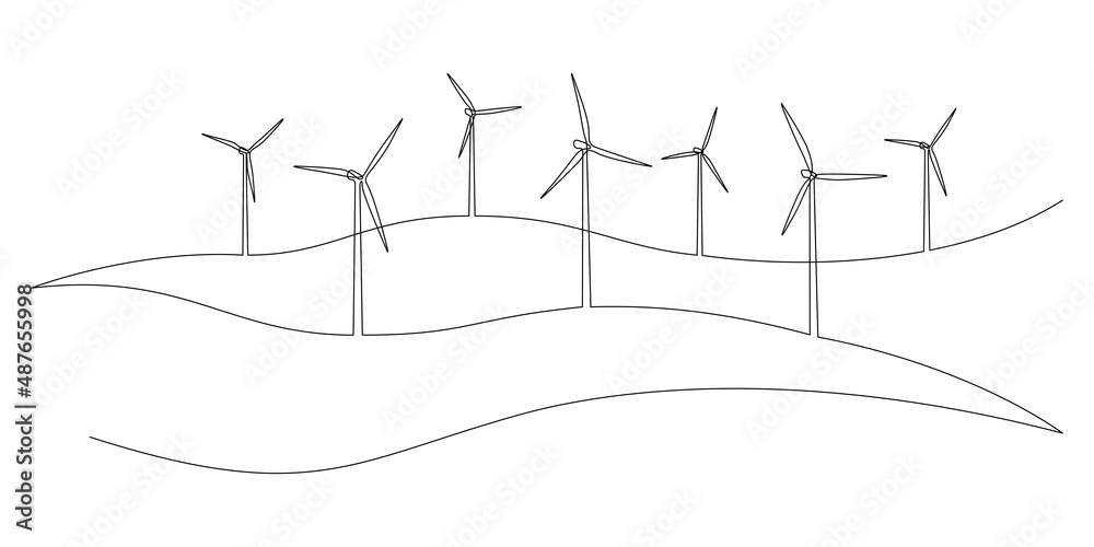 One continuous line drawing of Wind farm turbines and windmill among ...
