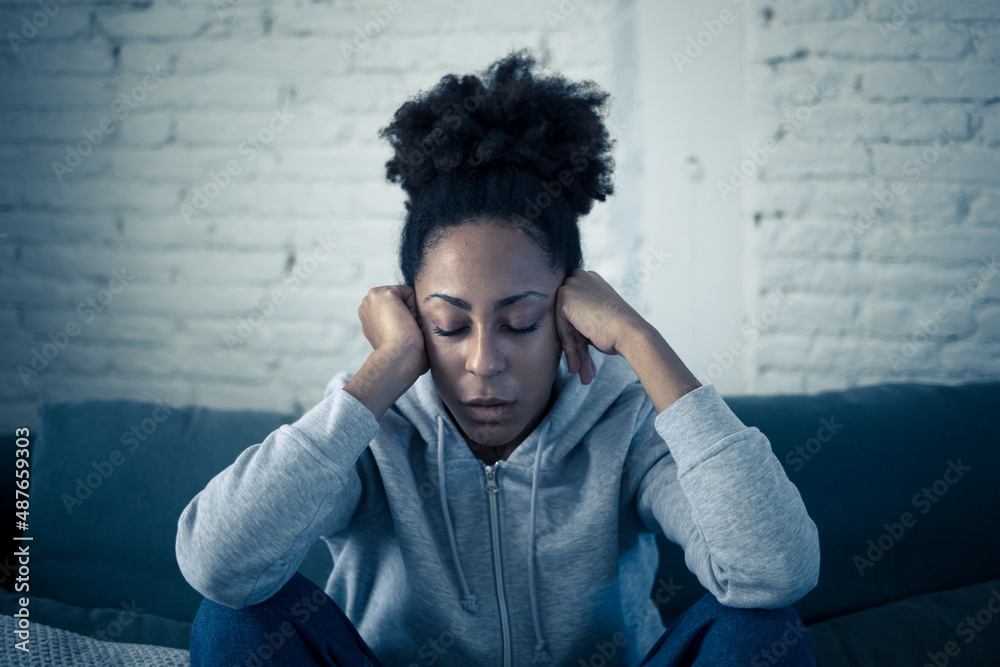 Lonely african american young woman suffering from depression, stress ...