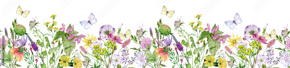 Watercolor seamless border with wildflowers and butterflies. Filed ...