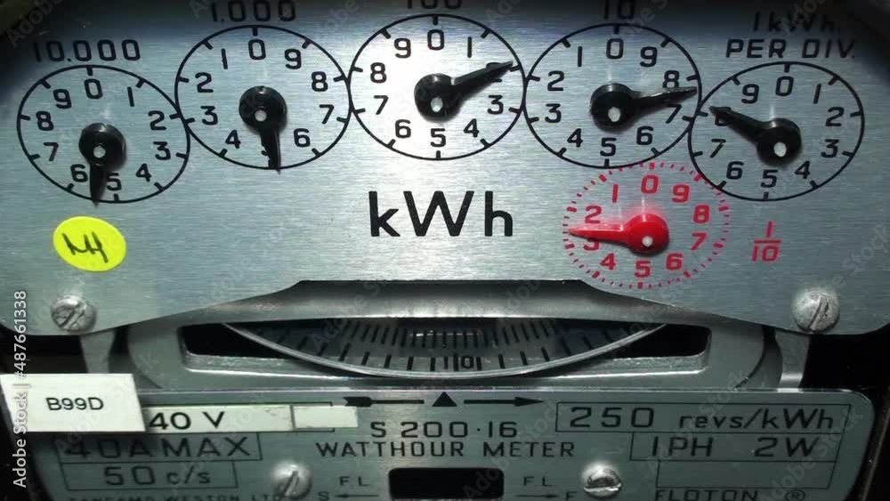 Close-up of a domestic electric meter showing the clock number dials ...