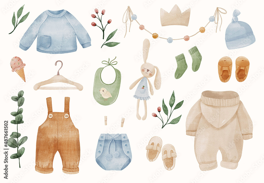 Watercolor Baby Boy Clothes and Accessories Illustrations Art Set Stock ...