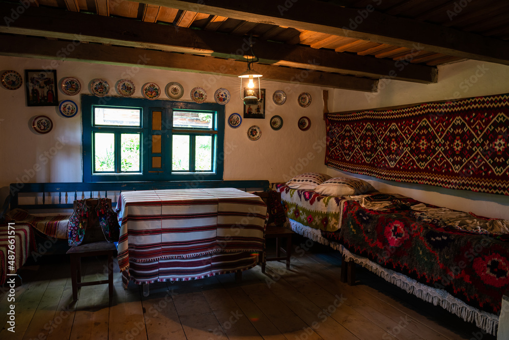 interior of old ukrainian wooden log houses from the 17th-19th century ...