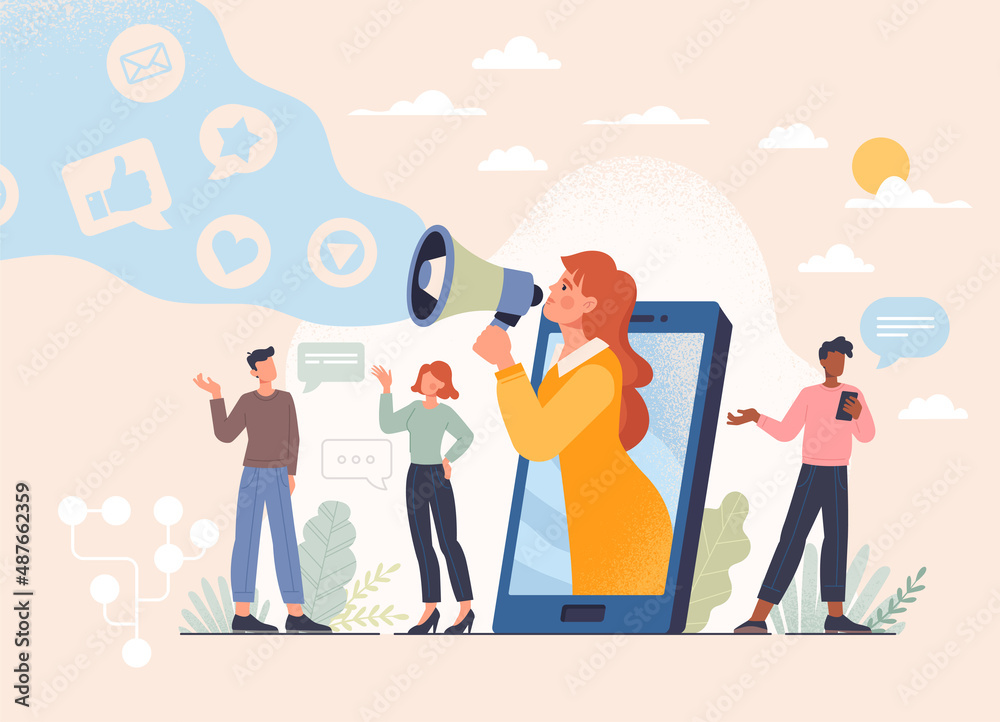 Concept of referral marketing. Girl with loudspeaker calling her ...