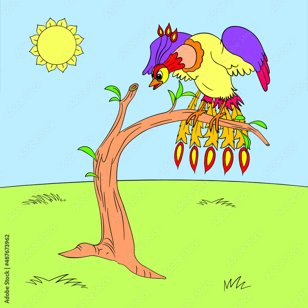 fire bird sits on a branch of a dry tree and looks down, Vector ...