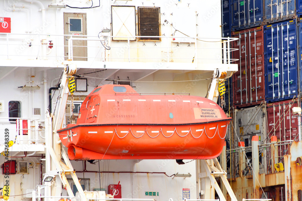 Oakland, CA - Feb 14, 2022: A lifeboat is one of the most important ...