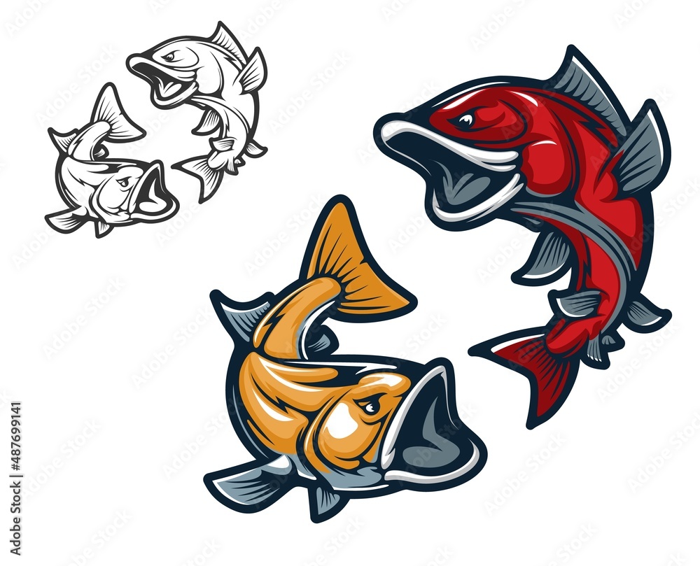 Cartoon carp fish mascots. Isolated characters for sport club emblem ...