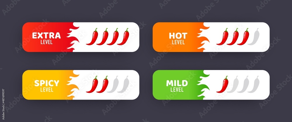 Spicy level sticky labels, vector savory food rating scale emblems. Hot ...