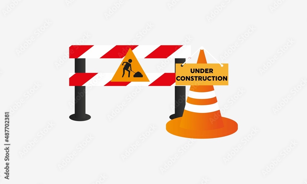 Under construction boardswarning icon and stop signs. Road barriers ...