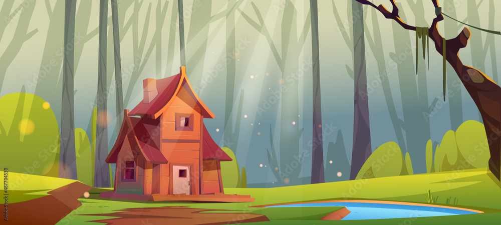 Deep forest with wooden house and pond. Vector cartoon illustration of ...