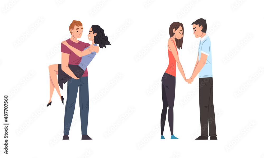 Romantic couples in love. Happy young people holding hands, loving man ...
