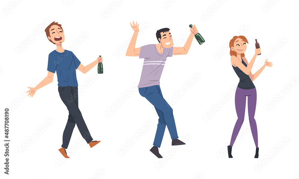Happy drunk young men and woman walking with bottles of alcohol drinks ...