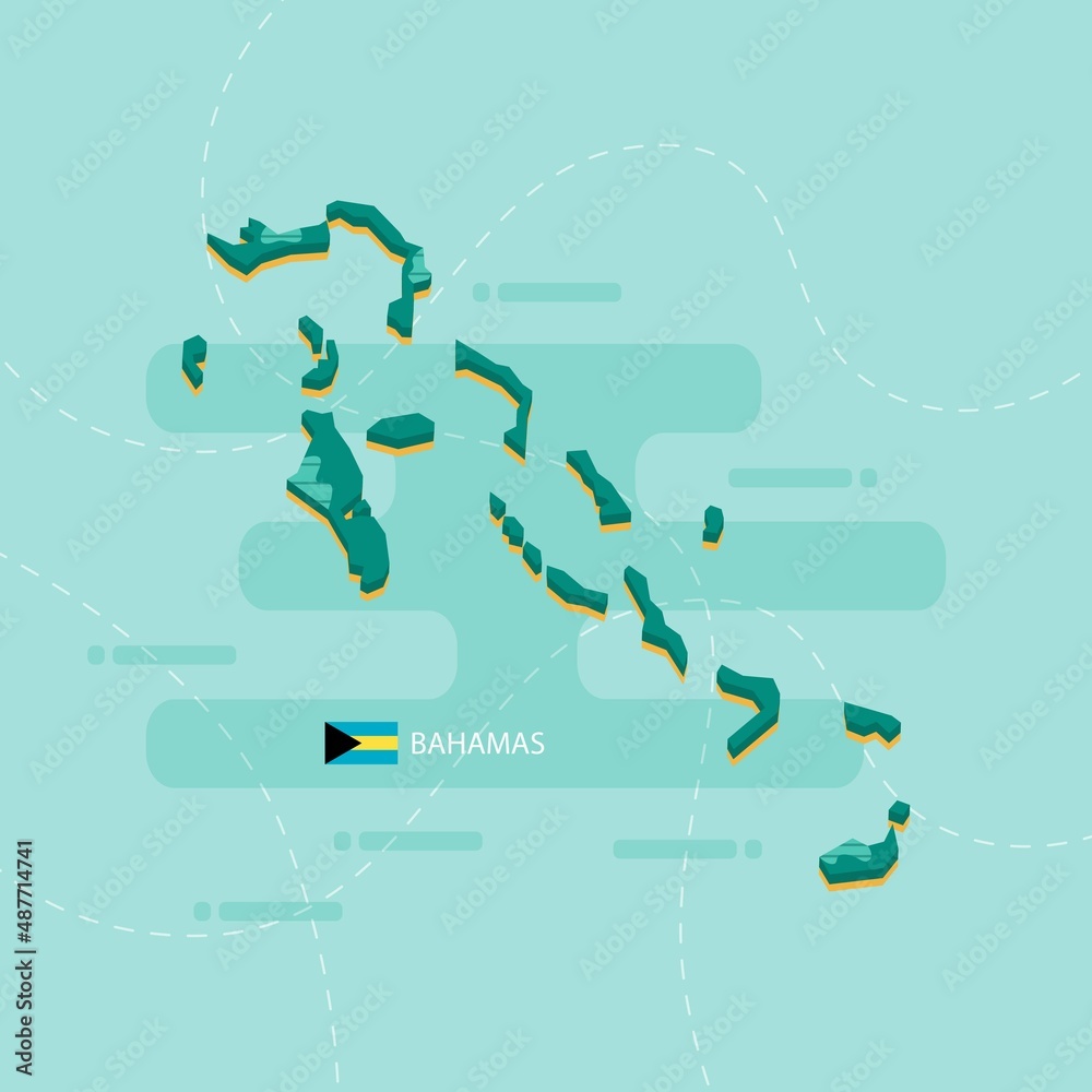 3d vector map of Bahamas with name and flag of country on light green ...