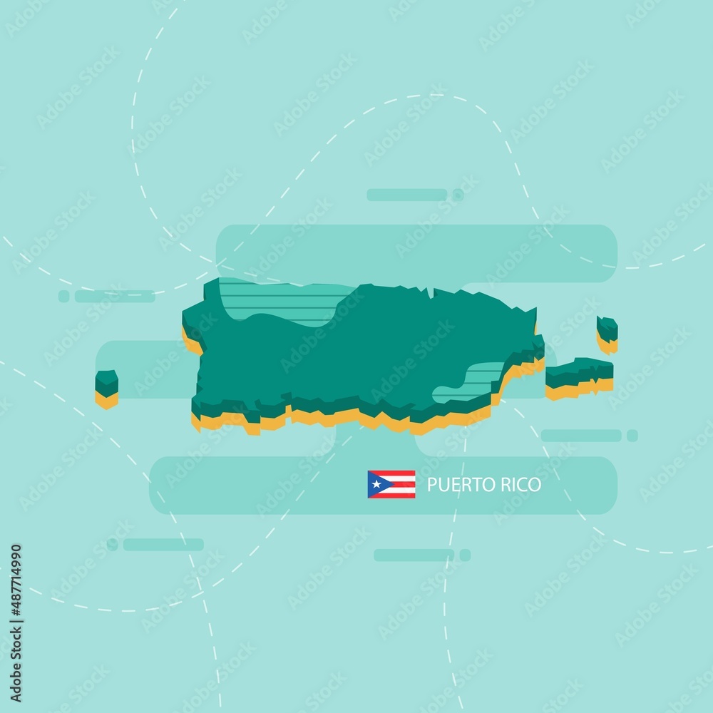 3d vector map of Puerto Rico with name and flag of country on light ...