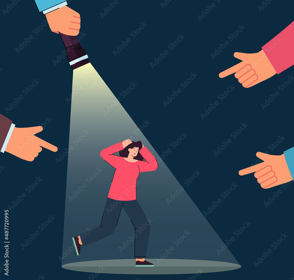 Fingers pointing at scared woman in light of flashlight. Ashamed female ...