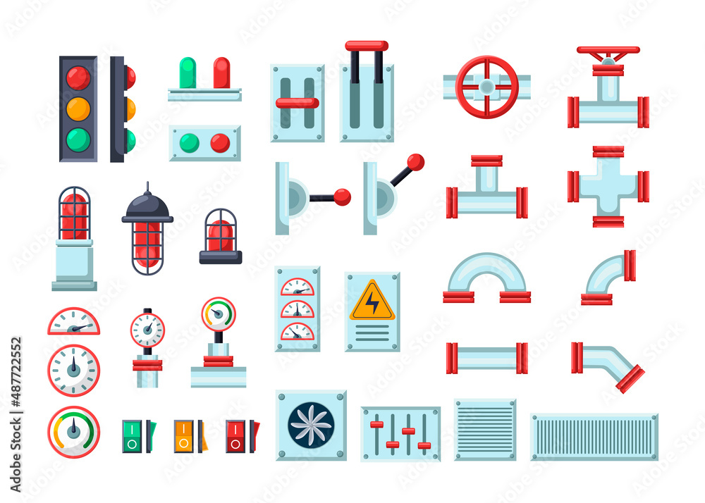 Different parts of machines vector illustrations set. Collection of ...
