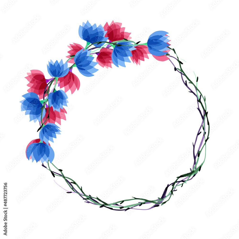 Floral wreath vector illustration. Cute blue and red circle frame for ...
