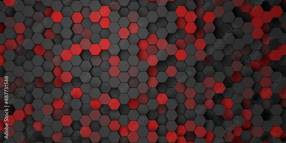 Abstract dark geometric background with hexagons in black and red ...