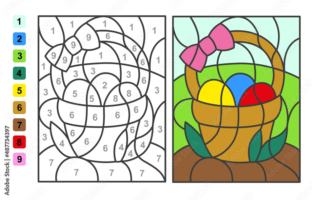 Vector coloring page Color by numbers Easter egg hunt. Puzzle game for ...