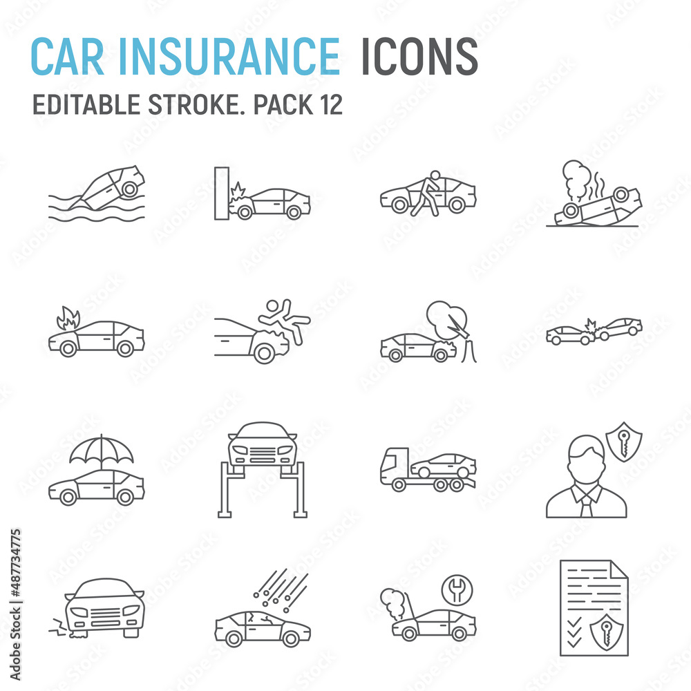 Car insurance line icon set, car accident collection, vector graphics ...