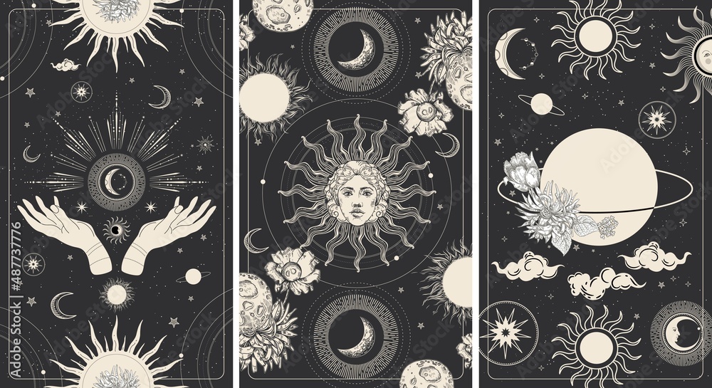 Magic drawing of the sun with a face. Tarot card, astrological ...