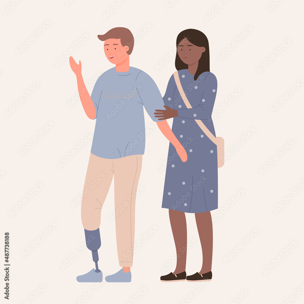 Dark skin girl helping boy with prosthesis leg. Supporting and ...