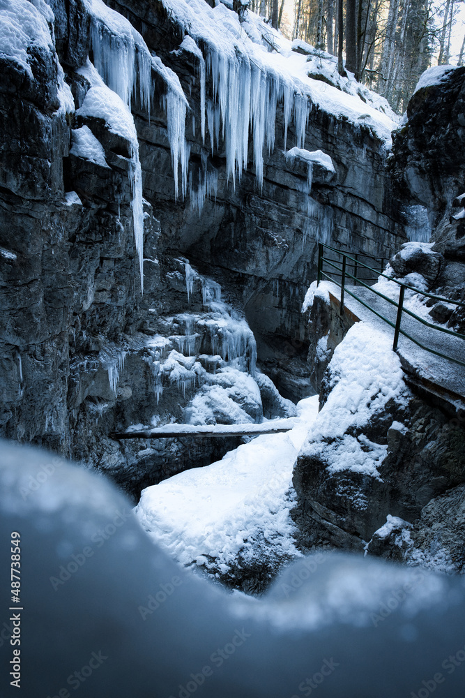 Breitachklamm Alps - snow and dramatic ice covered paths within a gorge ...
