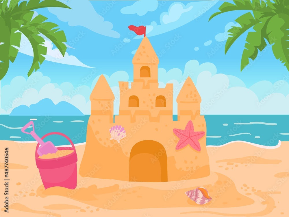 Cartoon sand castle, bucket and shovel at sea beach. Sand tower with ...